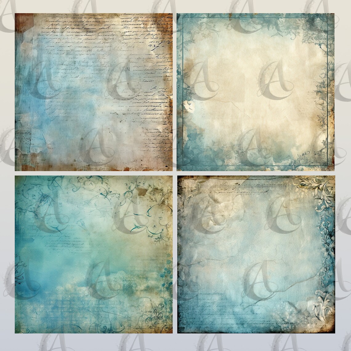 Vintage Blue Patina Old Papers Set 12x12 JPEG Instant Download ...