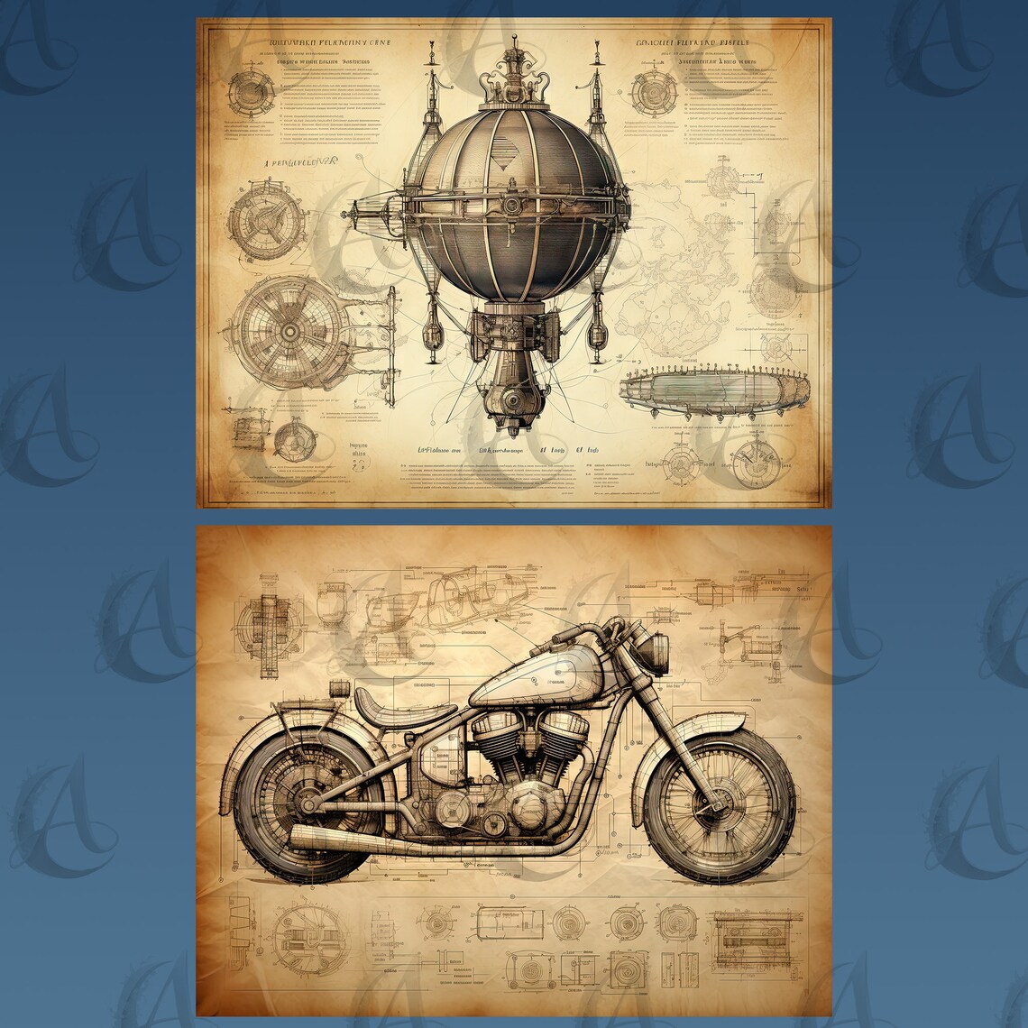 Steampunk Vehicle Blueprint Style Old Paper Digital Paper Letter Size ...
