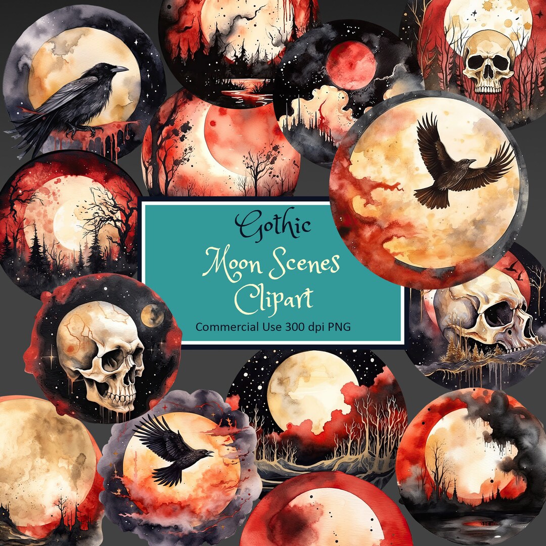 Gothic Moon Scenes With Skulls Ravens Blood Moons Clipart Set - PNG ...