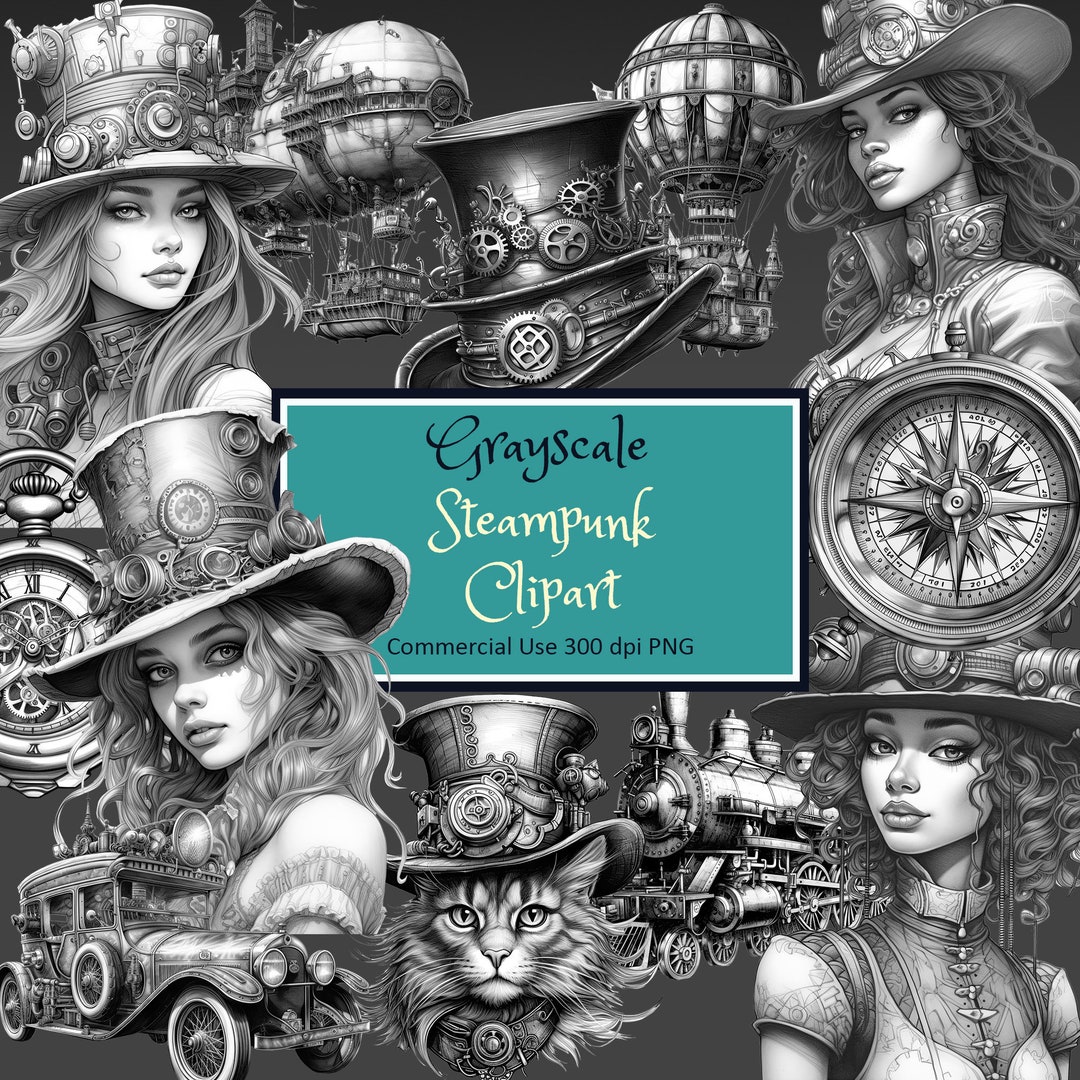 Grayscale Steampunk Black and White Clipart Set - PNG Instant Download ...