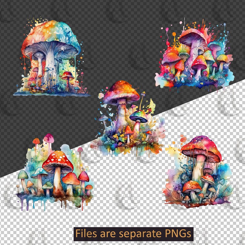 Rainbow Mushrooms Watercolor Clipart Set PNG Instant - Etsy