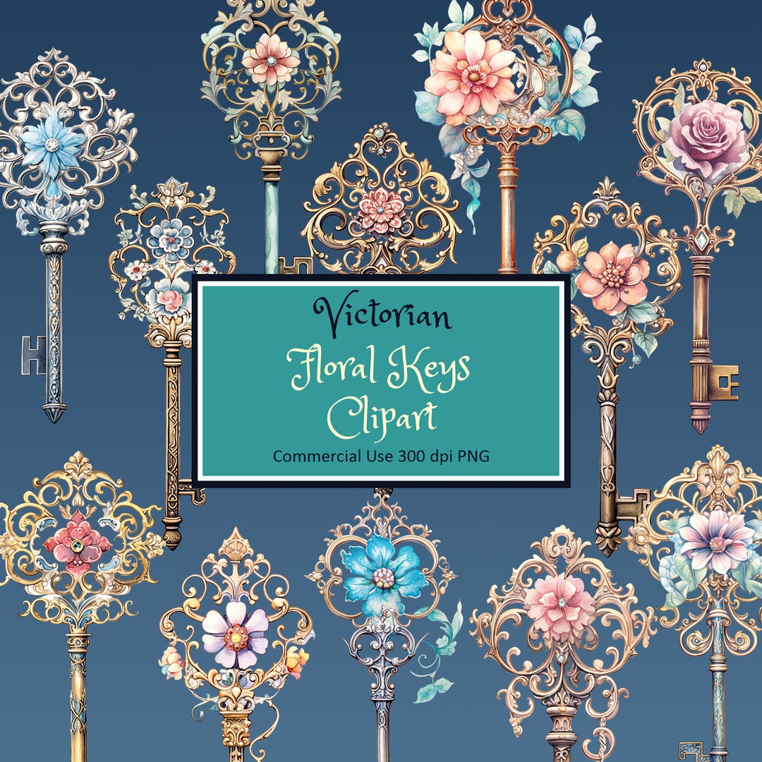 Victorian Floral Keys Ornate Beautiful Clipart Set - PNG Transparent ...
