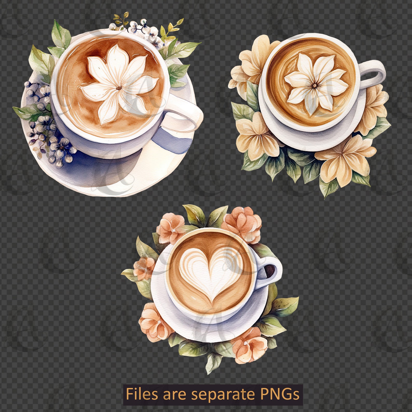 Cafe Latte Art Watercolor Clipart Set - Transparent PNG Instant ...