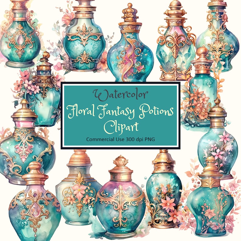 Watercolor Floral Fantasy Potion Bottles Clipart Set in Teal Blush Pink ...