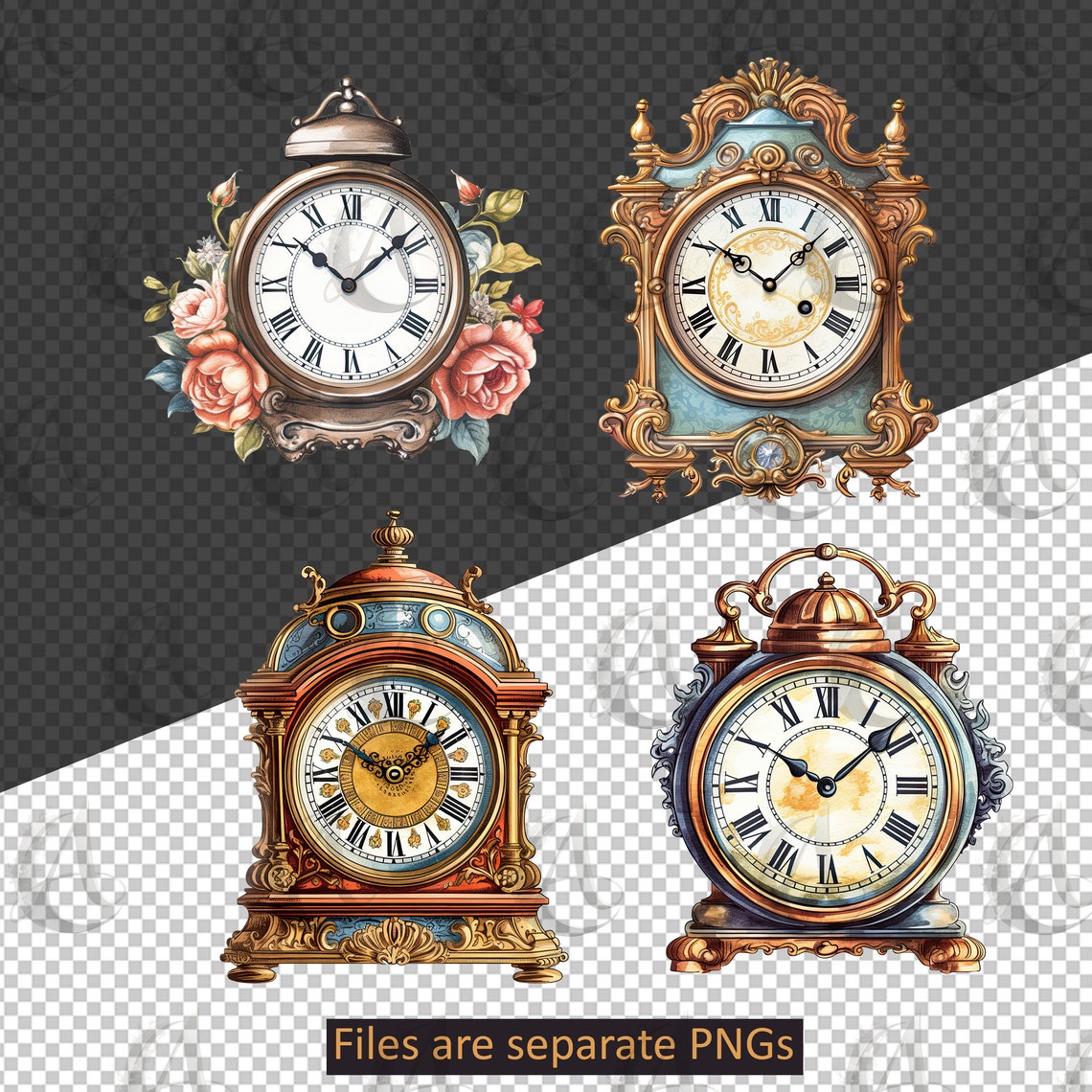 Vintage Style Clocks Clipart Set - PNG Instant Download Commercial Use ...