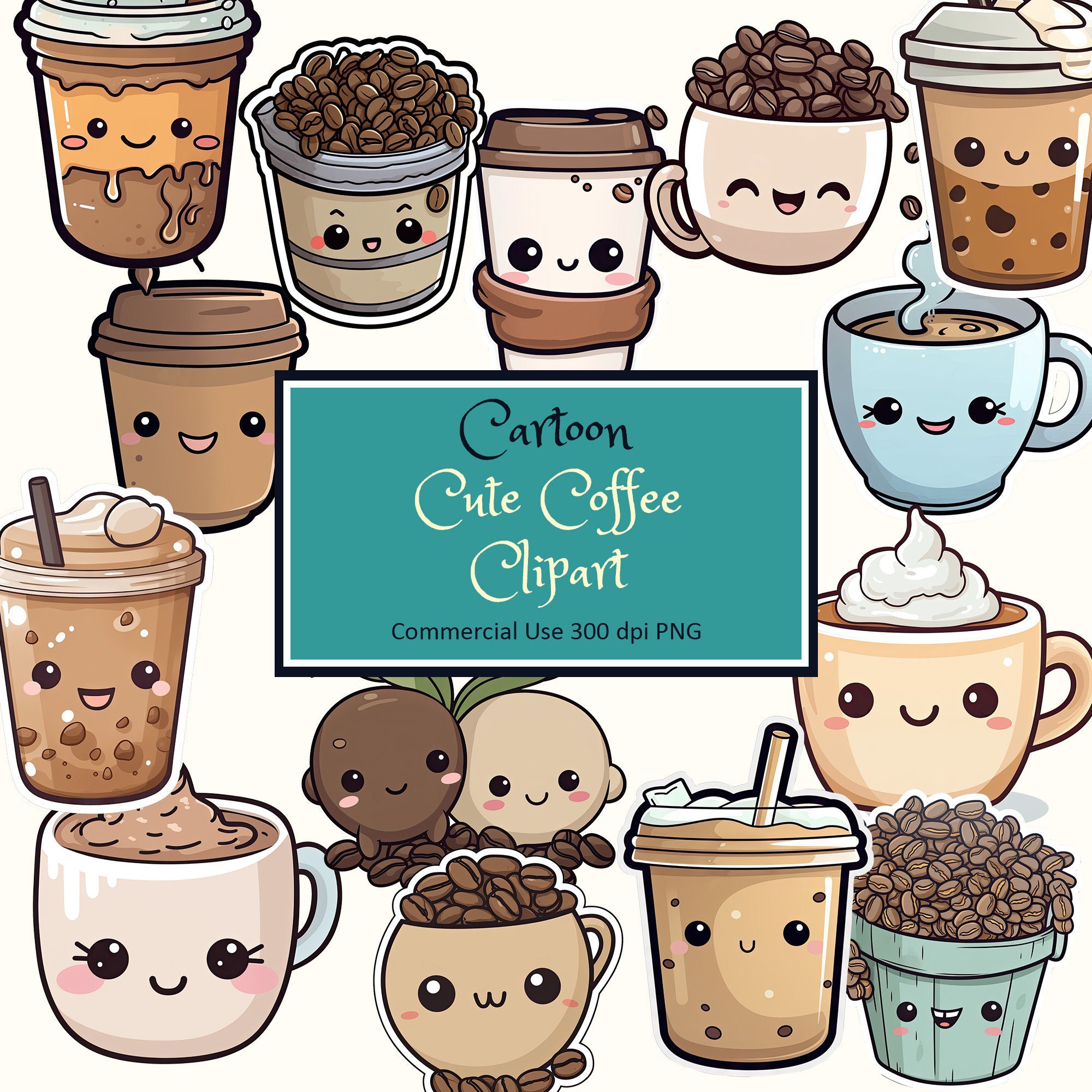 Kawaii Cute Cartoon Coffee Clipart Stickers Set - PNG Instant Download ...