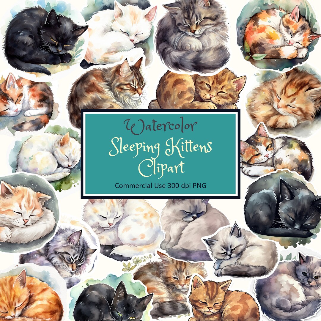 Watercolor Sleeping Kittens Clipart Stickers Set - PNG Instant Download ...
