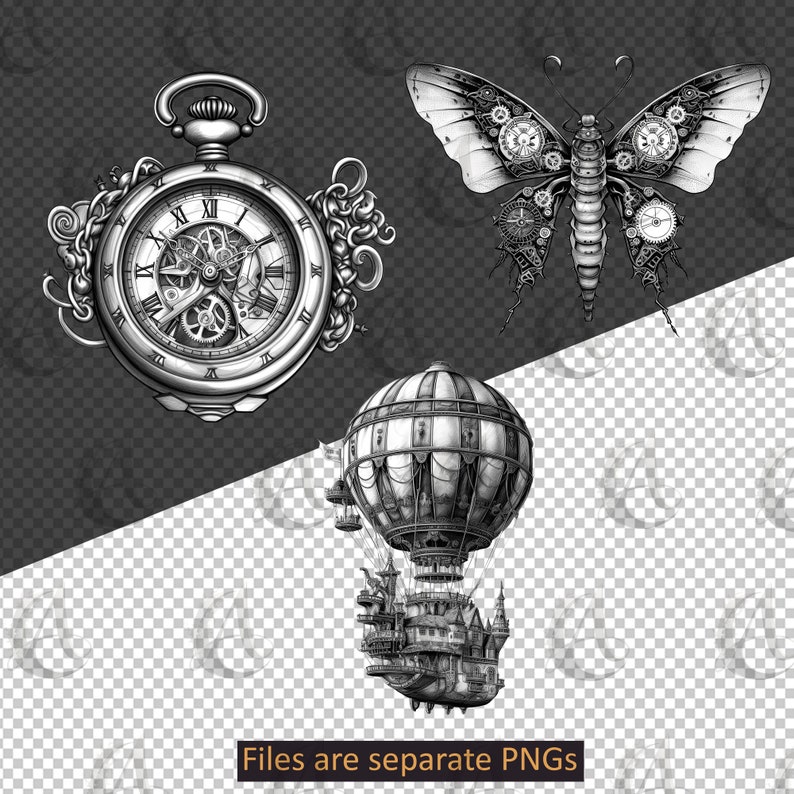 Grayscale Steampunk Black and White Clipart Set PNG Instant Download ...