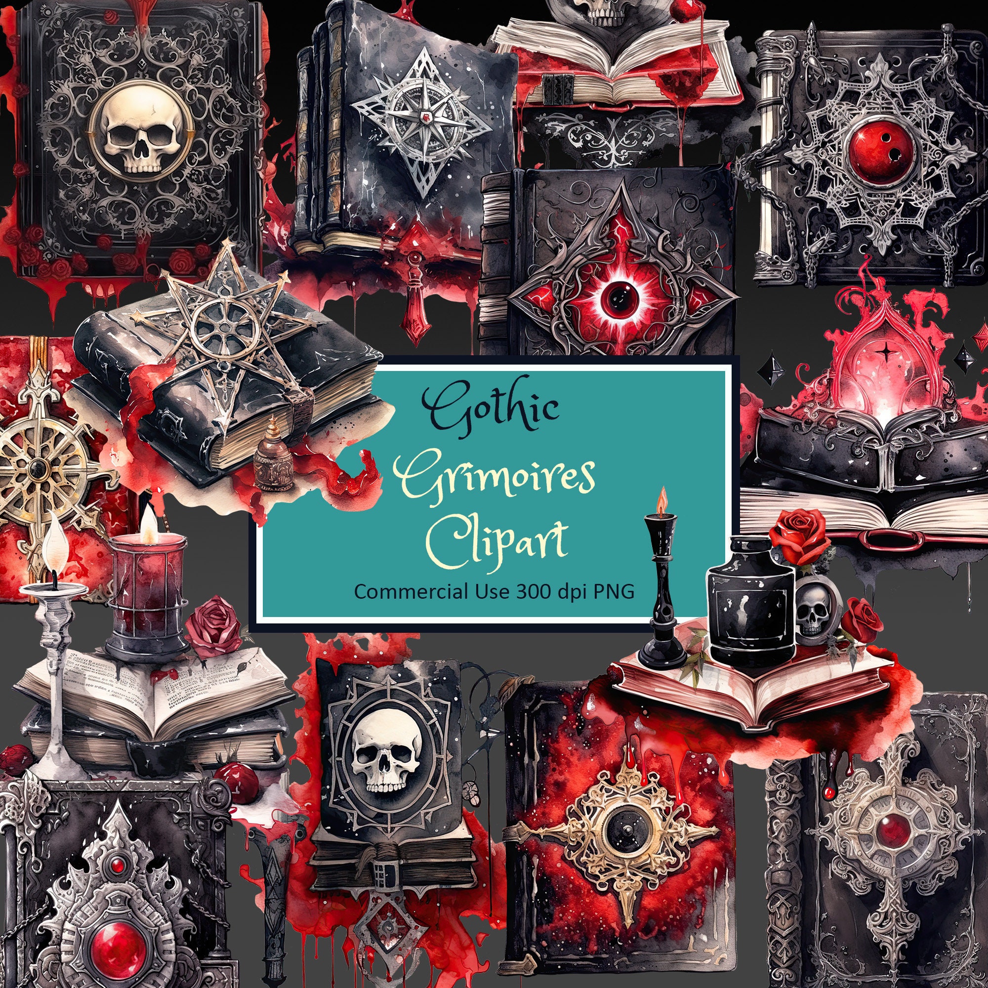 Watercolor Gothic Grimoires Spellbooks Clipart Set - PNG Instant Download Commercial Use - Etsy