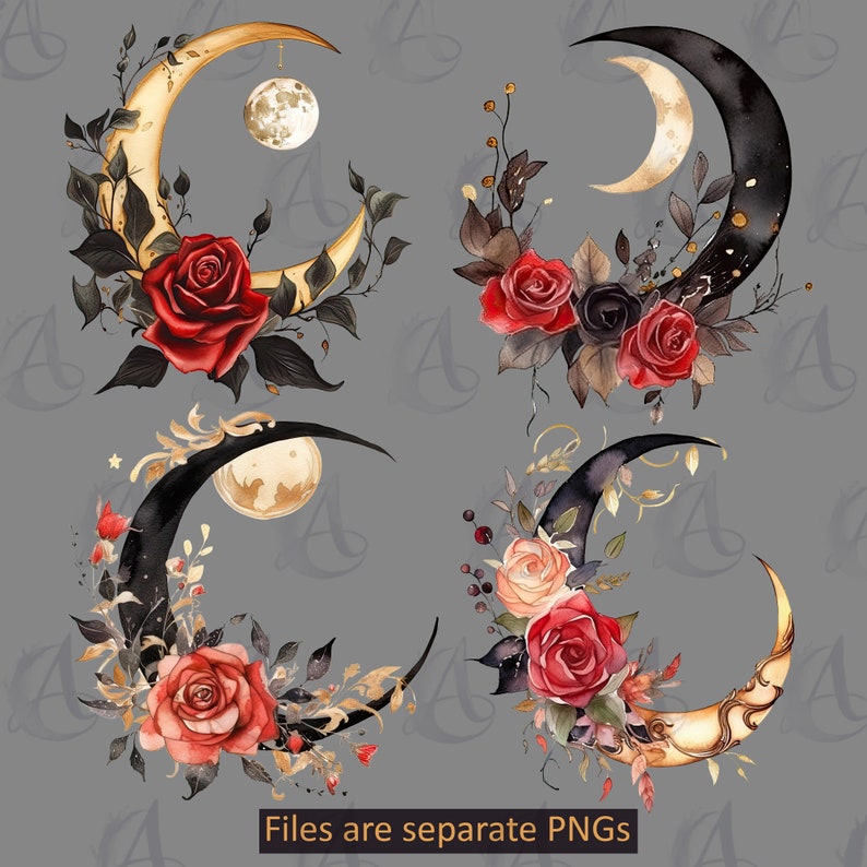 Watercolor Gothic Moon & Wand Clipart: Roses, Black Bat Wings (PNG ...