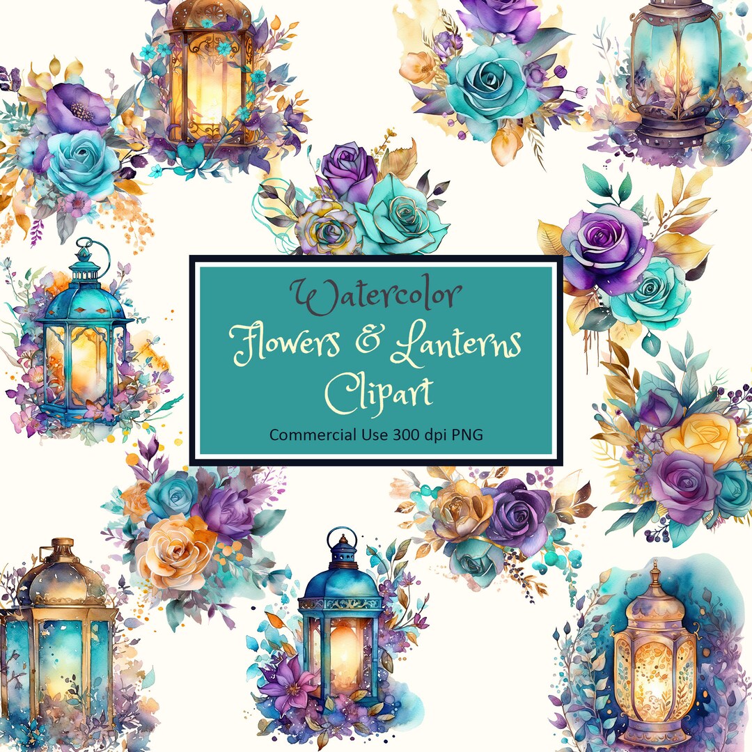 Buy Watercolor Floral Lantern Clipart Set: Turquoise, Purple, Gold (PNG ...