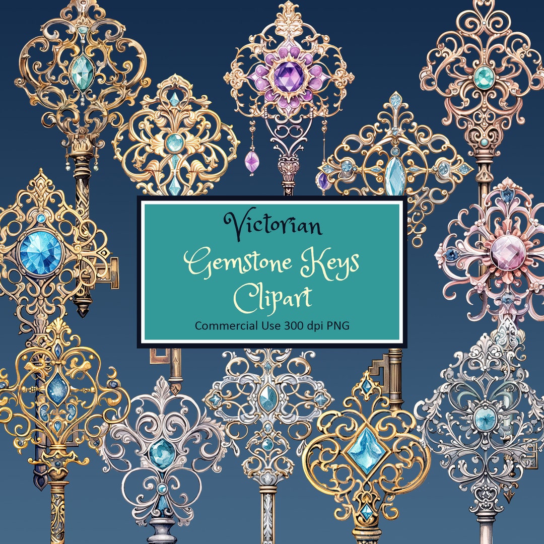 Victorian Gemstone Keys Clipart: Ornate Gold & Silver (PNG Digital ...