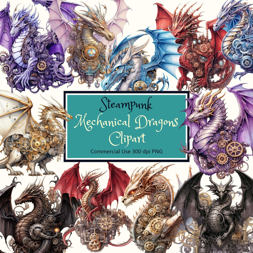Steampunk Mechanical Fantasy Style Dragons Clipart Set - PNG Instant ...