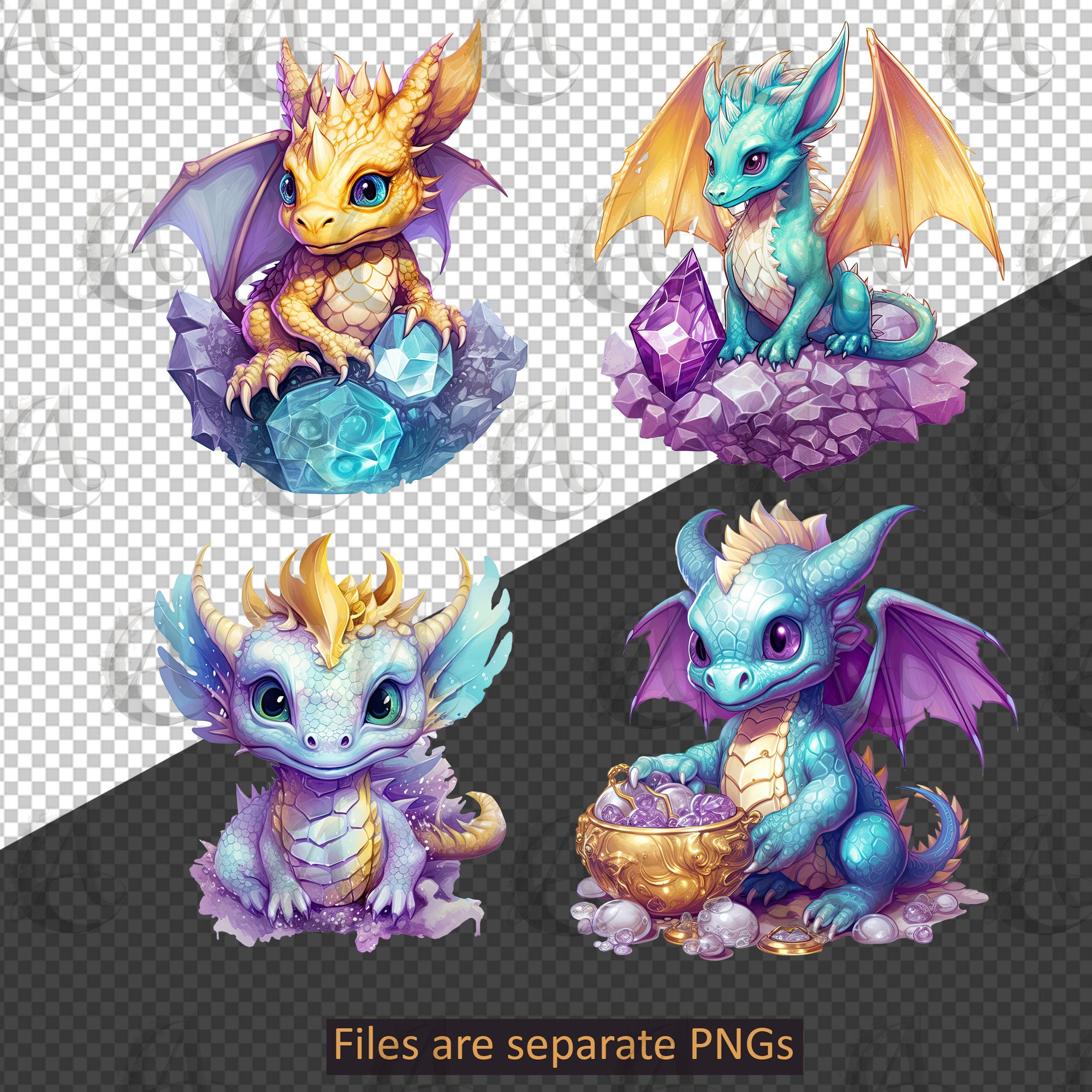 Fantasy Cute Baby Dragon Clipart Set Turquoise Purple Gold PNG Instant ...