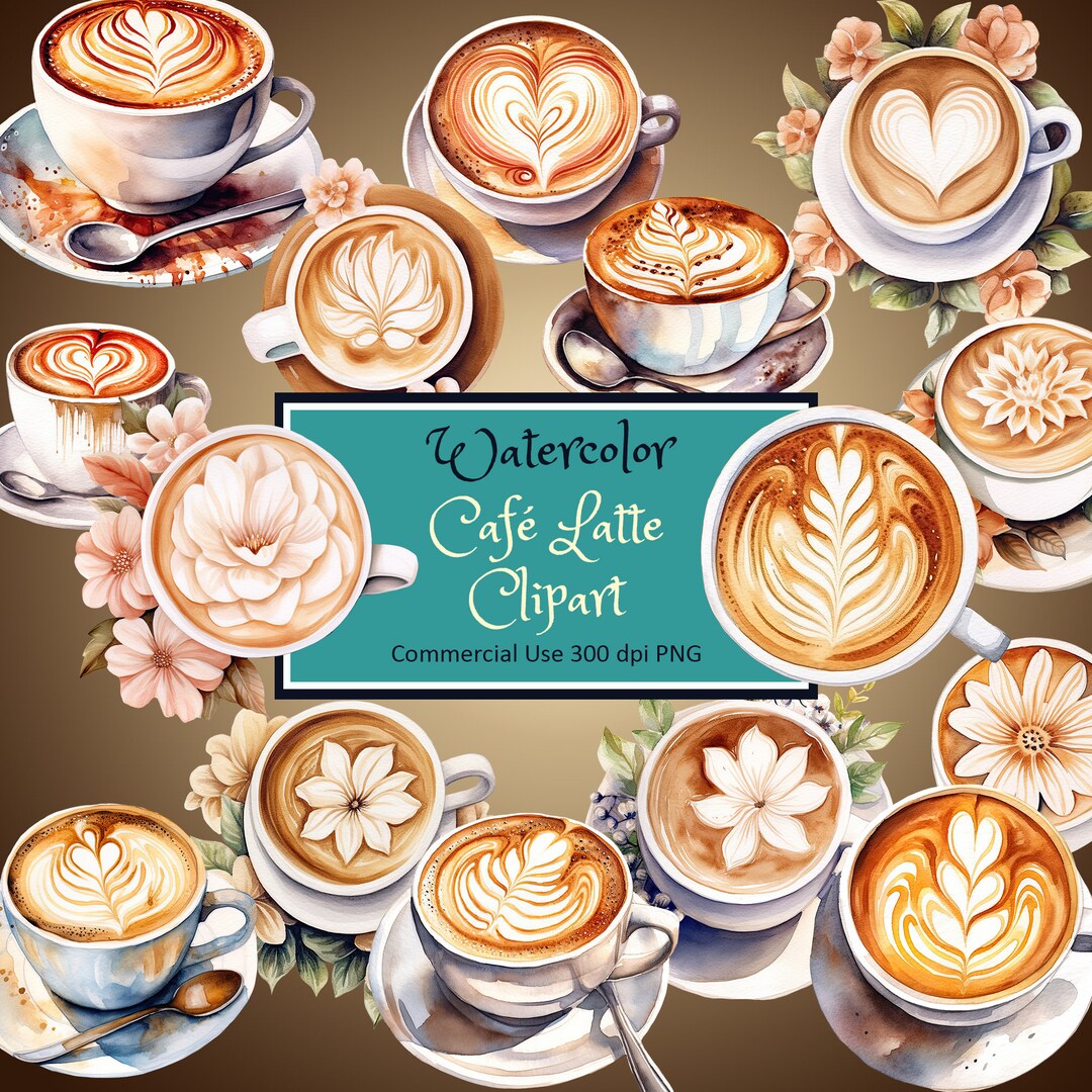 Cafe Latte Art Watercolor Clipart Set - Transparent PNG Instant ...