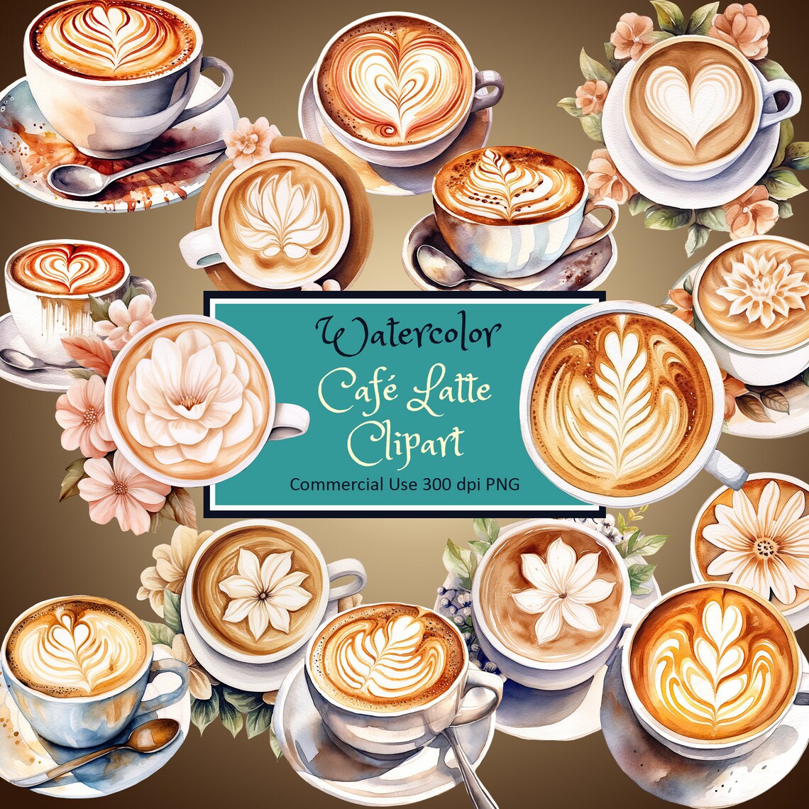 Cafe Latte Art Watercolor Clipart Set - Transparent PNG Instant ...