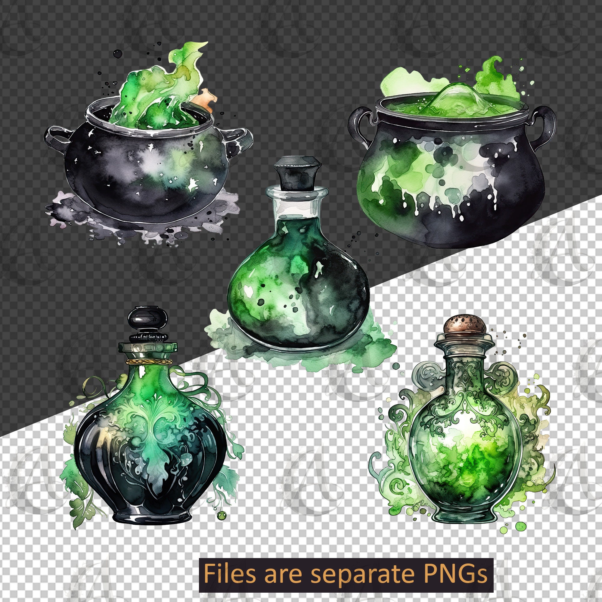 Watercolor Witchy Green Clipart Set PNG Instant Download Commercial Use ...