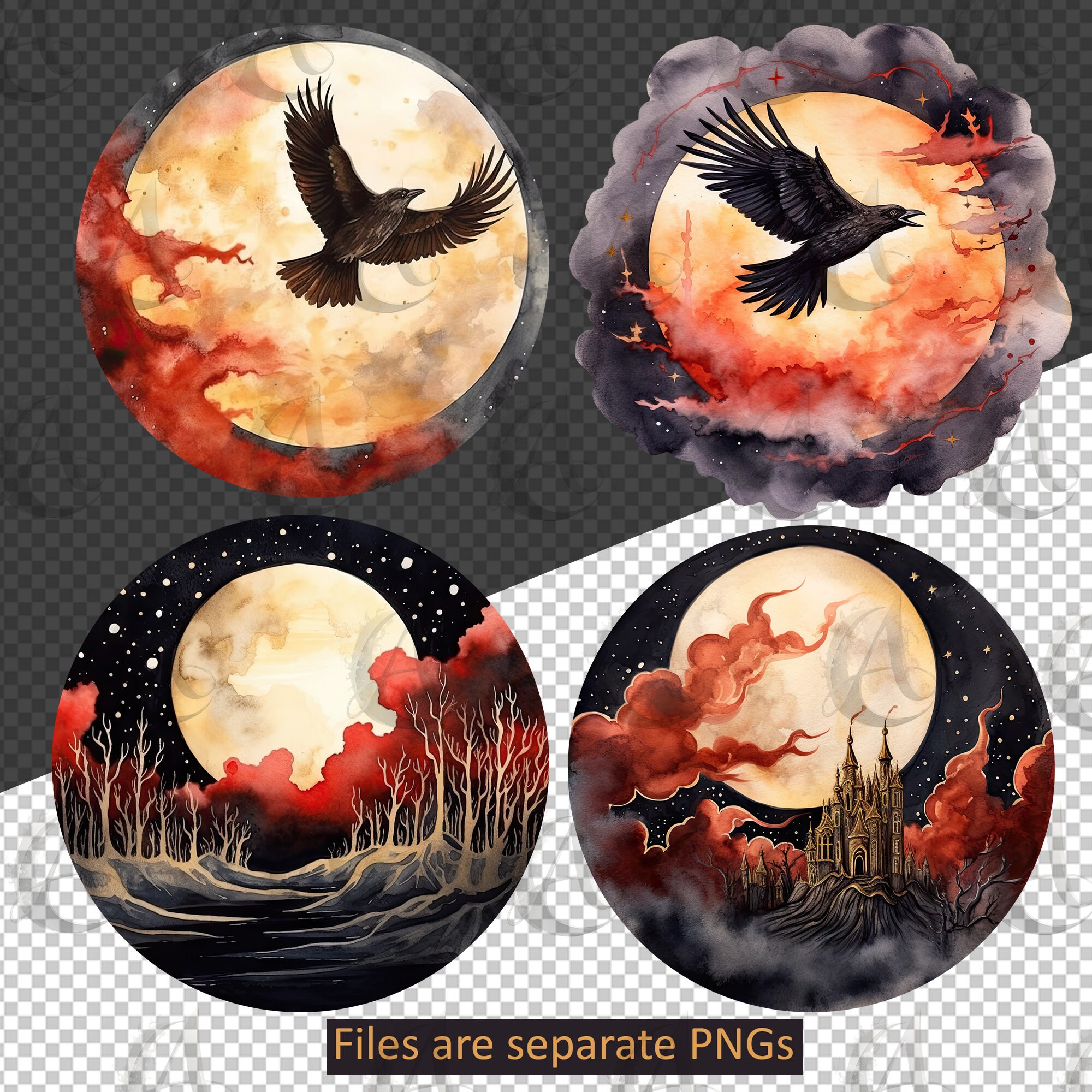 Gothic Moon Scenes With Skulls Ravens Blood Moons Clipart Set - PNG ...
