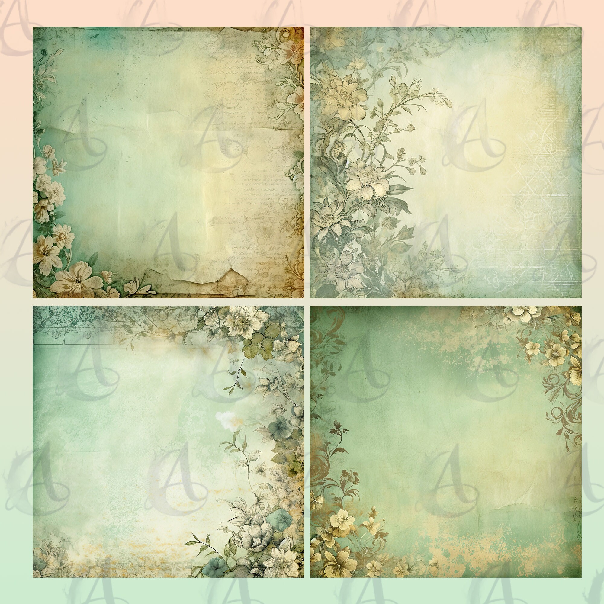 Vintage Green Patina Old Papers Set 12x12 - JPEG Instant Download ...