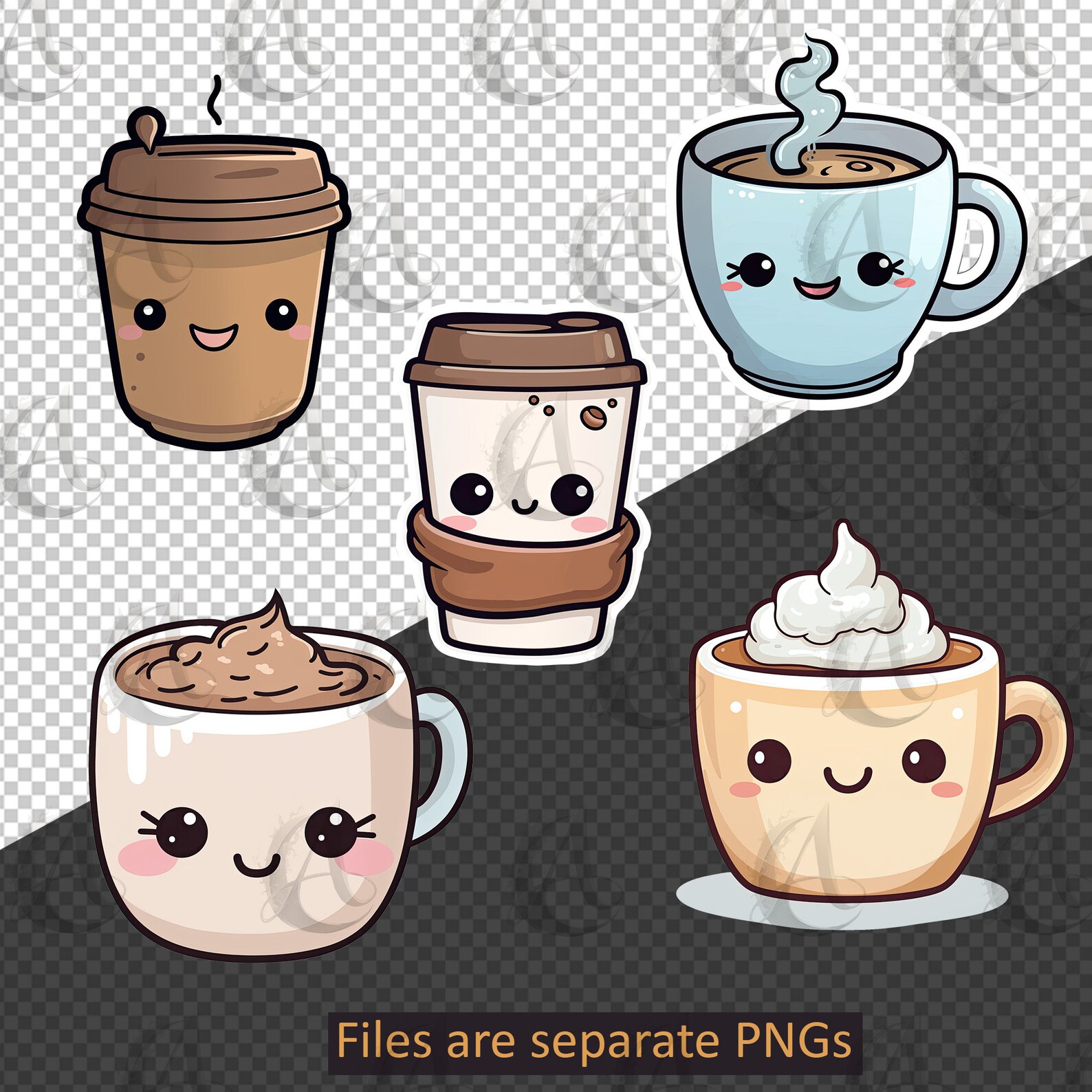 Kawaii Cute Cartoon Coffee Clipart Stickers Set - PNG Instant Download ...