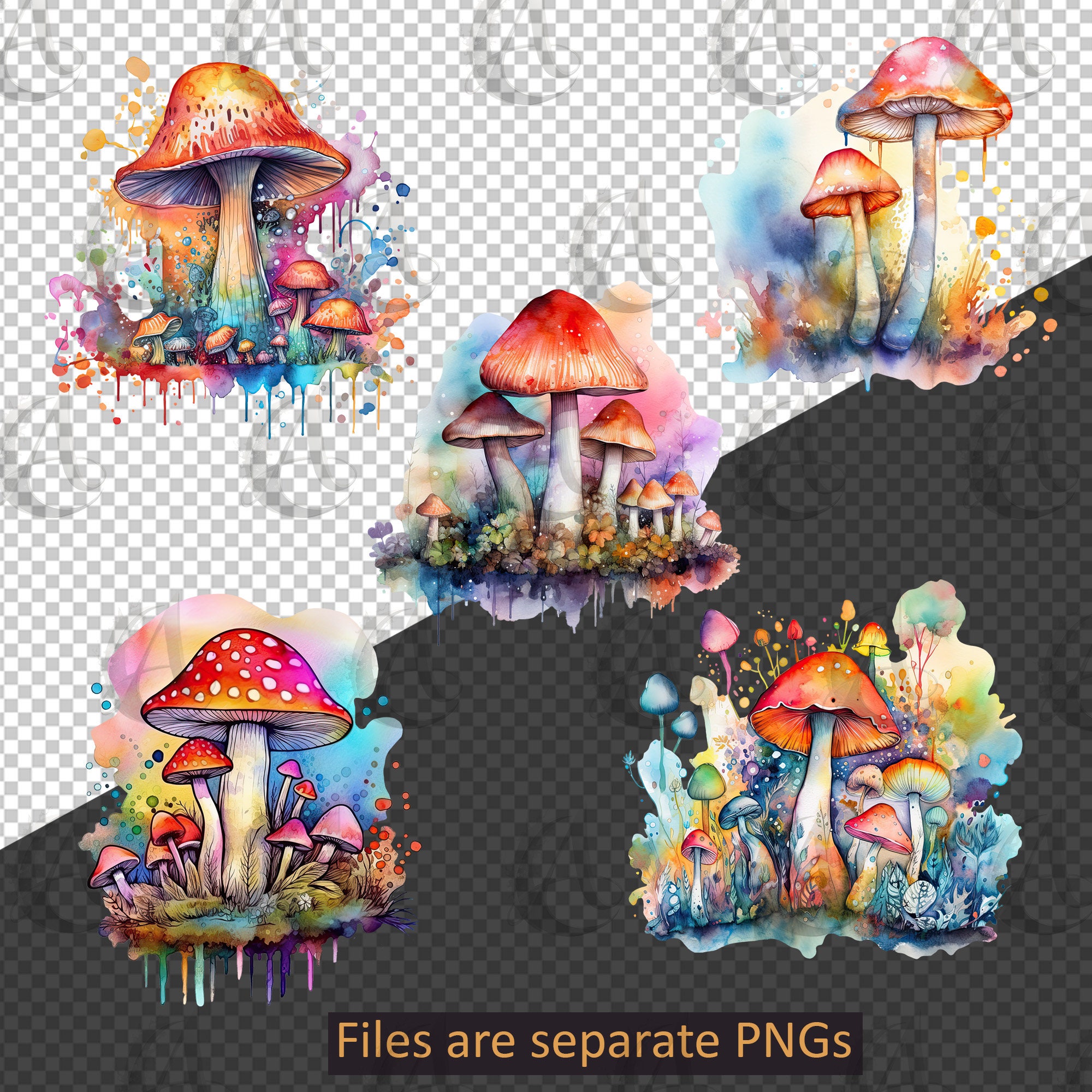 Rainbow Mushrooms Watercolor Clipart Set - PNG Instant Download ...
