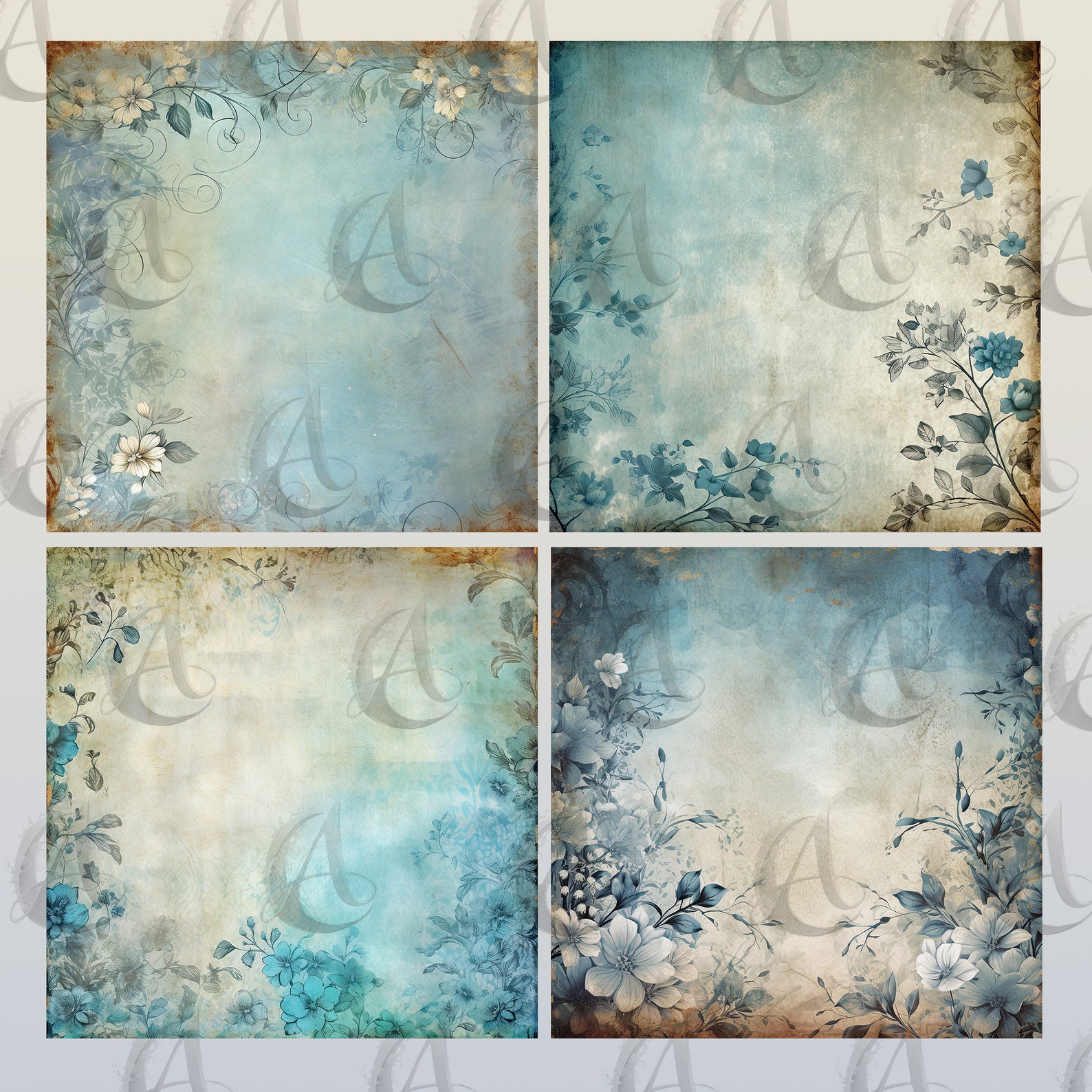 Vintage Blue Patina Old Papers Set 12x12 - JPEG Instant Download ...