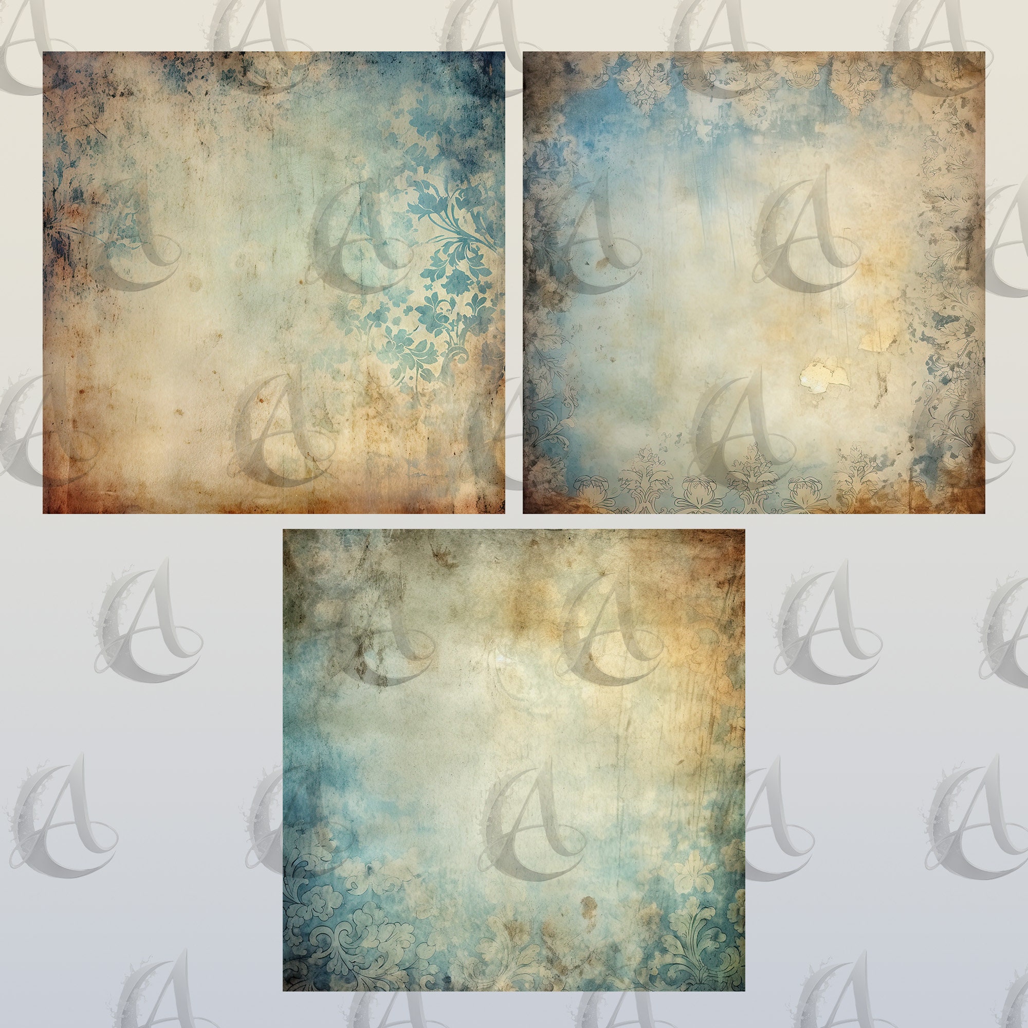 Vintage Blue Patina Old Papers Set 12x12 JPEG Instant Download ...