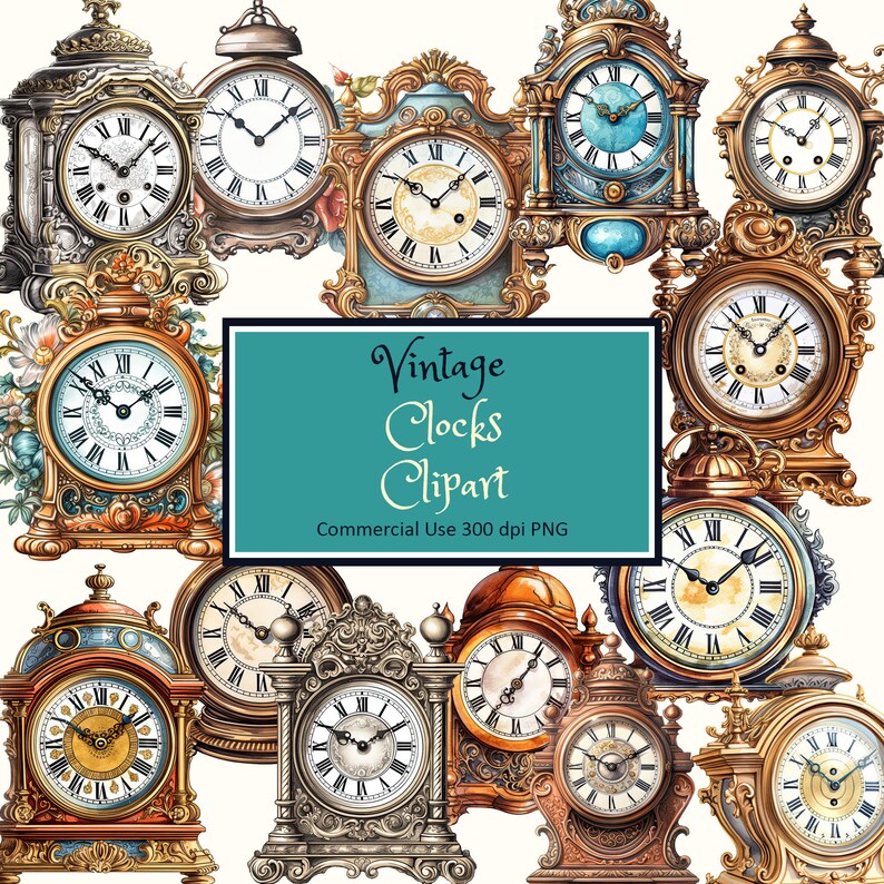 Vintage Style Clocks Clipart Set - PNG Instant Download Commercial Use ...
