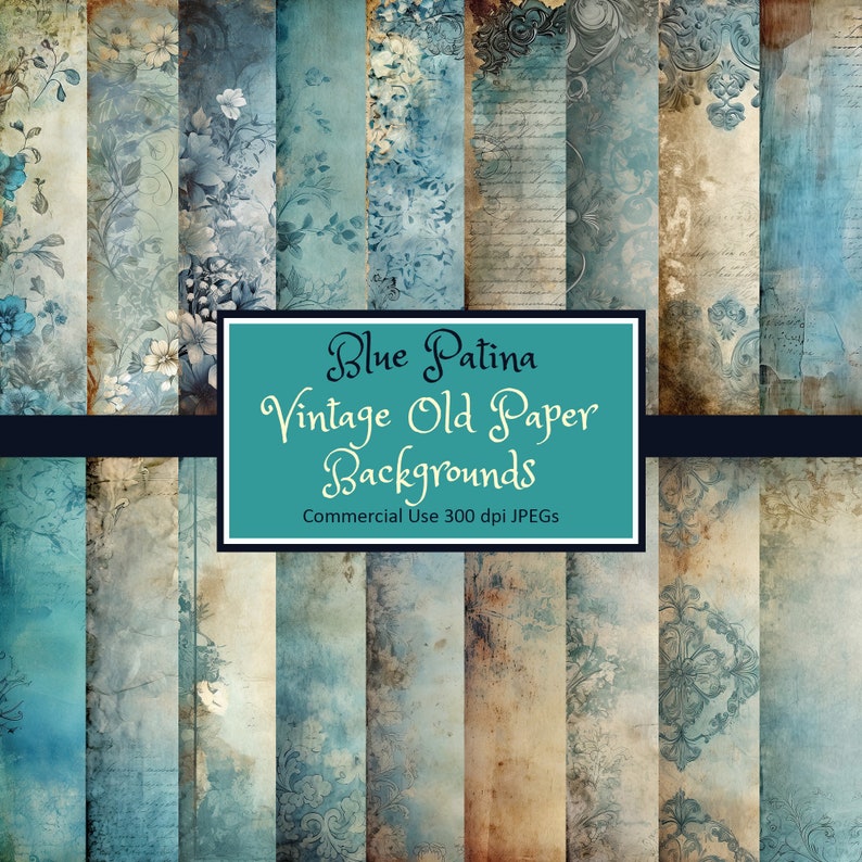 Vintage Blue Patina Old Papers Set 12x12 - JPEG Instant Download ...