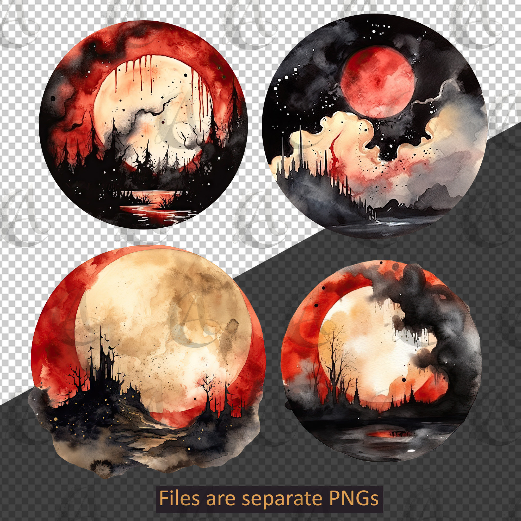 Gothic Moon Scenes With Skulls Ravens Blood Moons Clipart Set - PNG ...