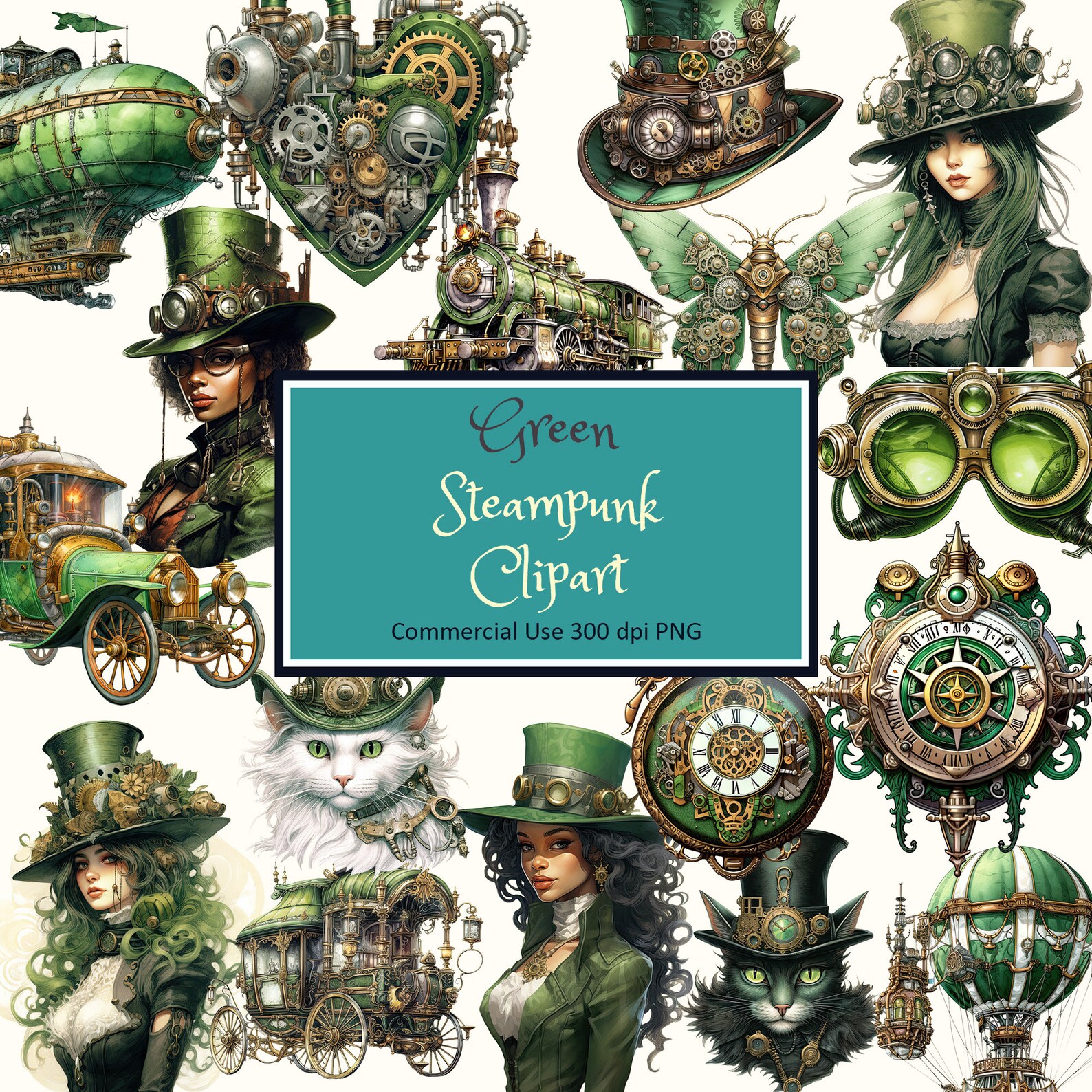 Green Steampunk Clipart Set - PNG Instant Download Commercial Use - Etsy