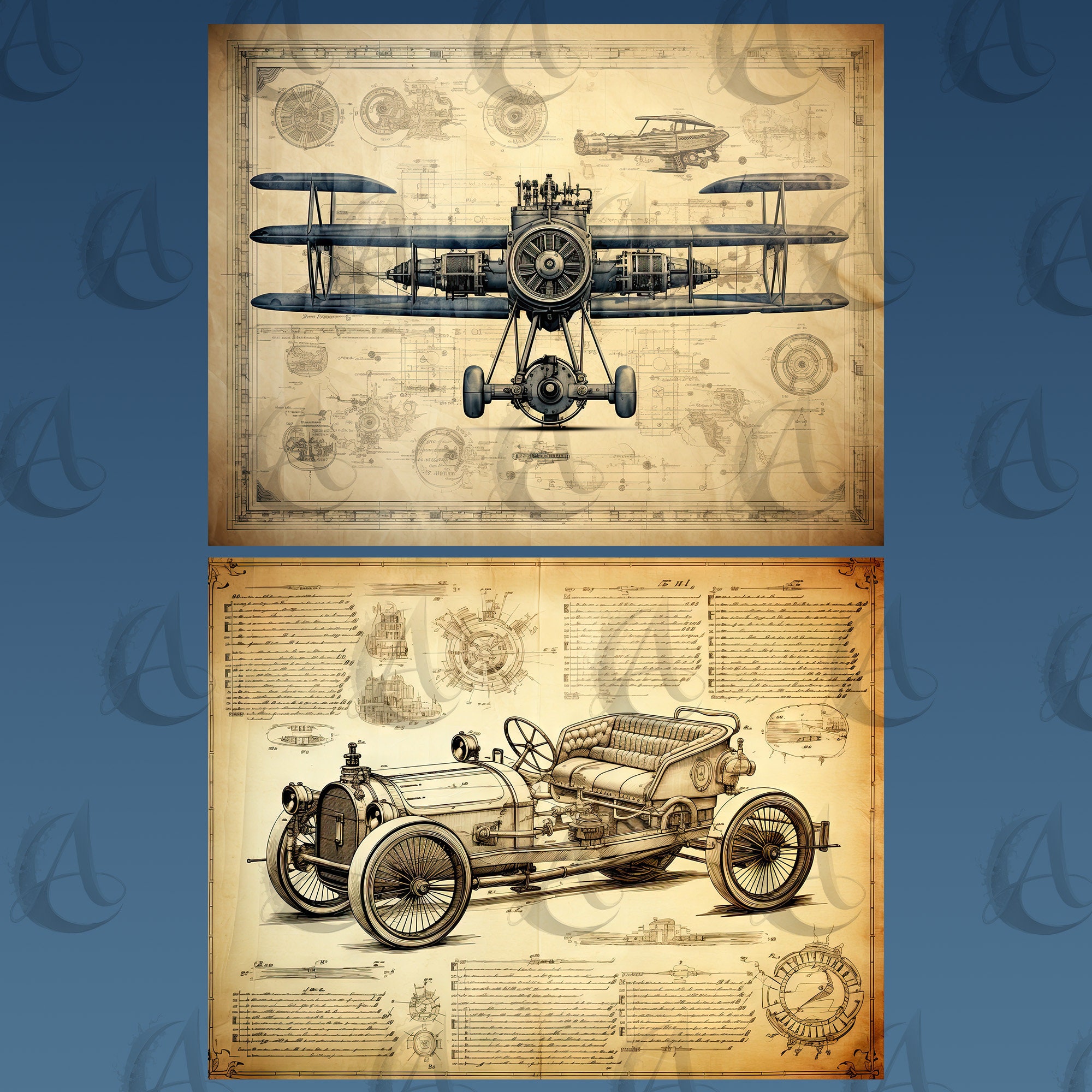 Steampunk Vehicle Blueprint Style Old Paper Digital Paper Letter Size ...