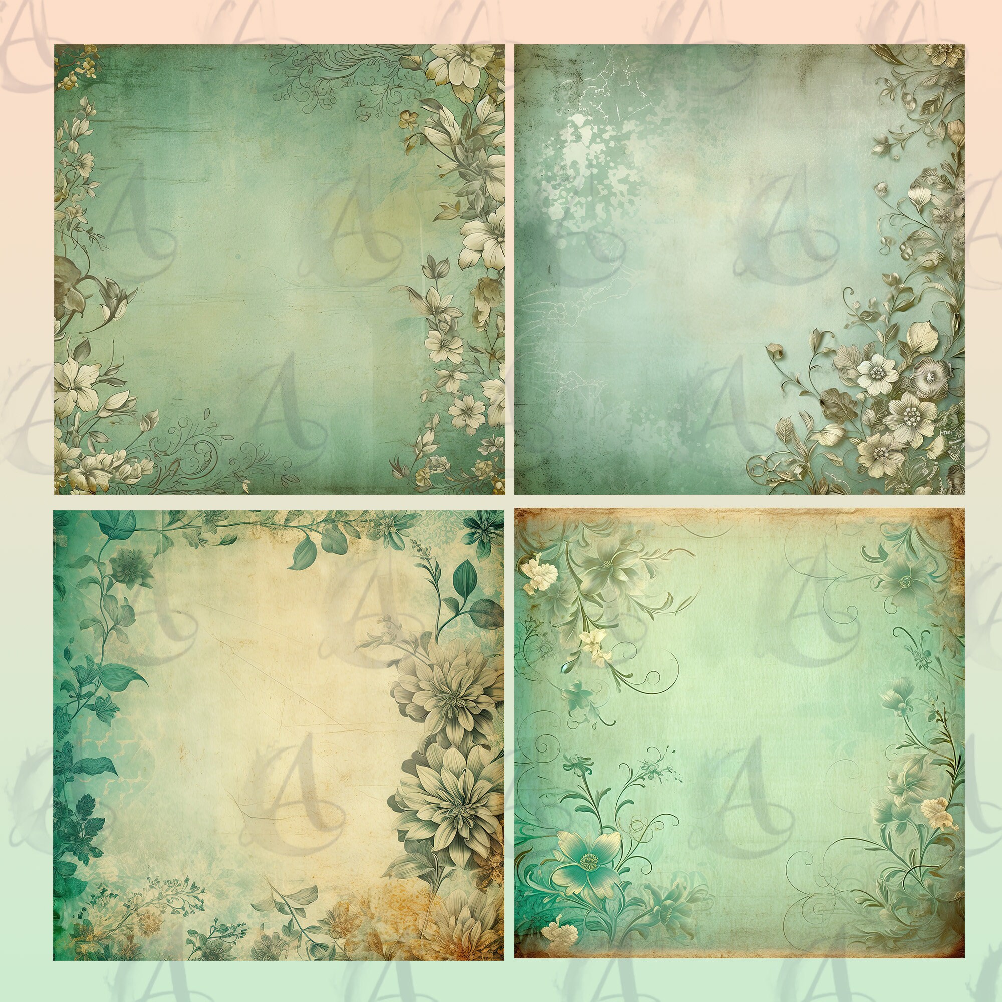 Vintage Green Patina Old Papers Set 12x12 - JPEG Instant Download ...