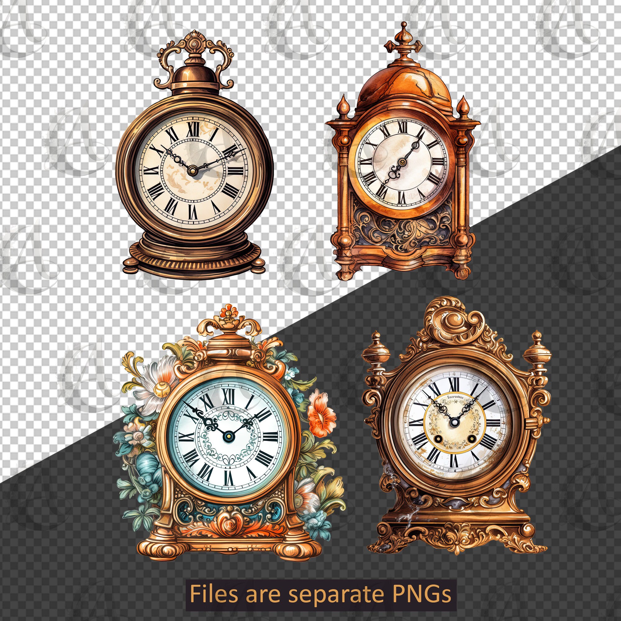 Vintage Style Clocks Clipart Set - PNG Instant Download Commercial Use ...