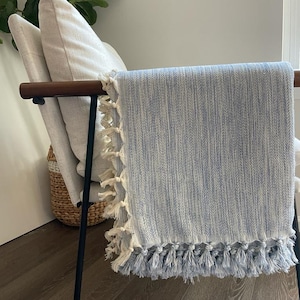 Large Blue Cotton Throw Blanket With Tassels Blue Chevron 100% Turkish ...