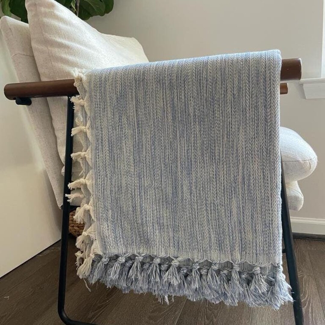 Blue Cotton Throw, Herringbone Throw Blanket,large Natural Cotton Throw ...