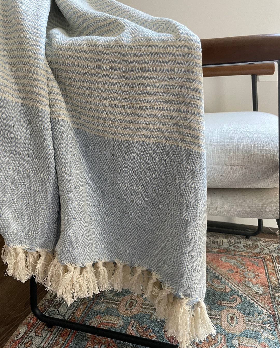 Blue Striped Cotton Blanket, Natural Cotton Lightweight XL Throw ...