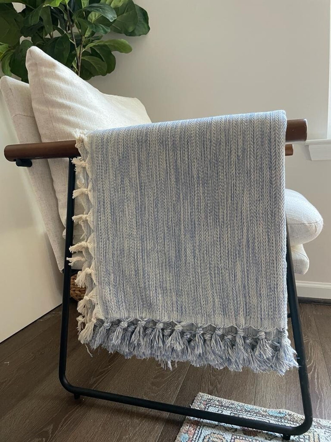 Large Blue Cotton Throw Blanket With Tassels Blue Chevron 100% Turkish ...