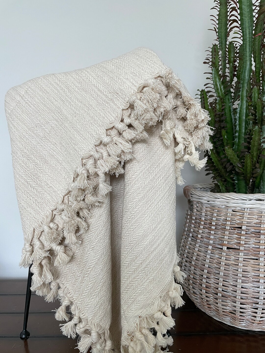 Beige Turkish Cotton Throw Blanket, Herringbone Tassels - Etsy