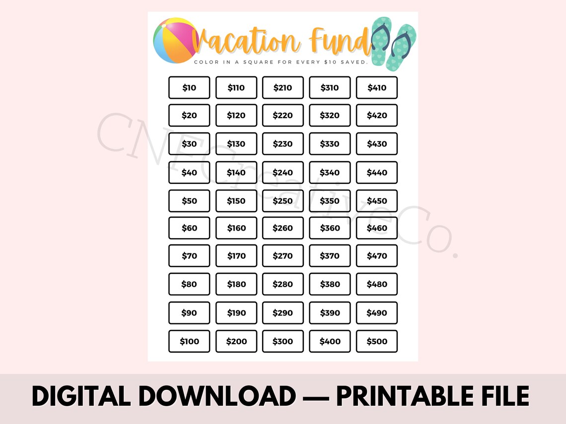 Vacation Savings Tracker Printable 500 Five Hundred - Etsy