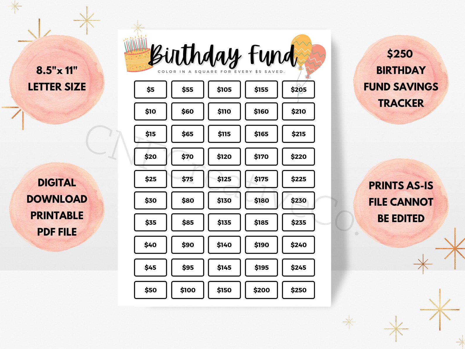 Birthday Savings Fund Tracker Printable 250 Two Hundred Fifty Dollars ...