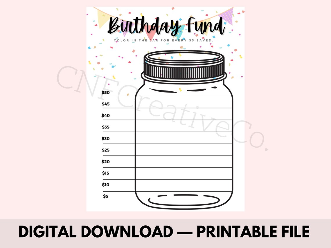 Birthday Savings Fund Tracker Printable 50 Fifty Dollars Savings Goals ...