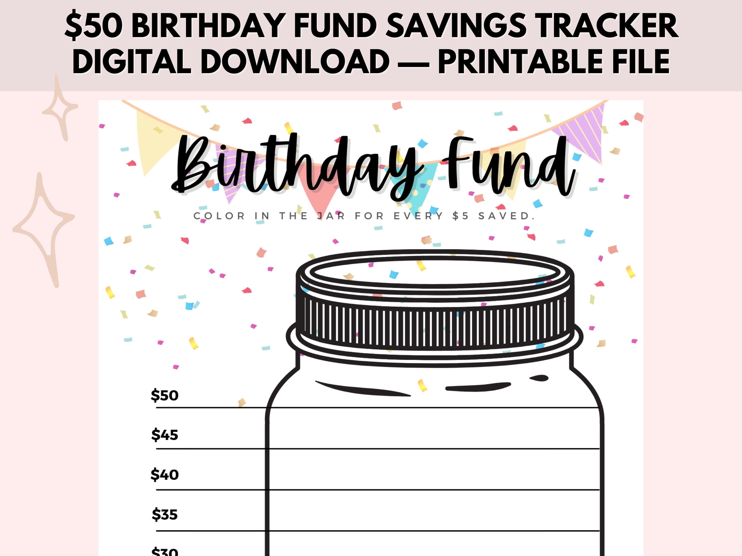 Birthday Savings Fund Tracker Printable 50 Fifty Dollars Savings Goals ...