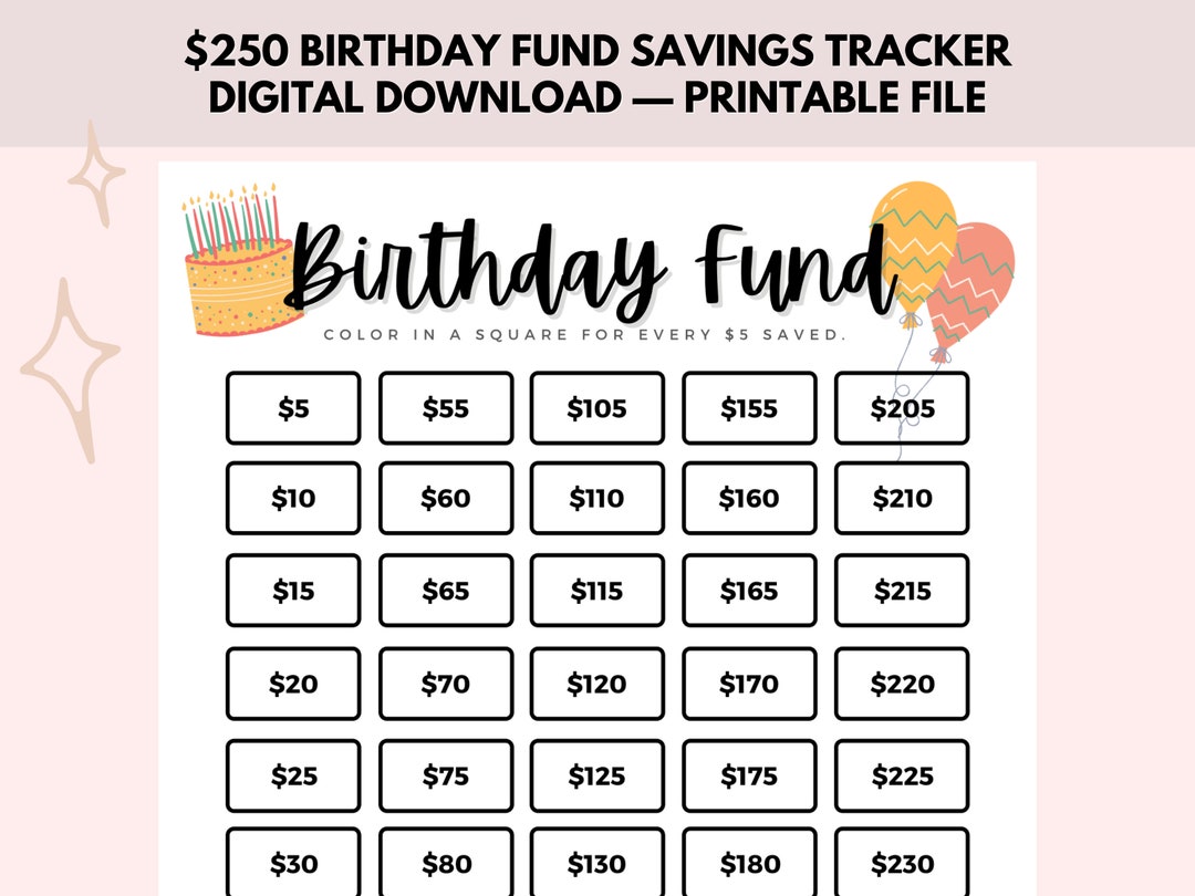 Birthday Savings Fund Tracker Printable 250 Two Hundred Fifty Dollars ...