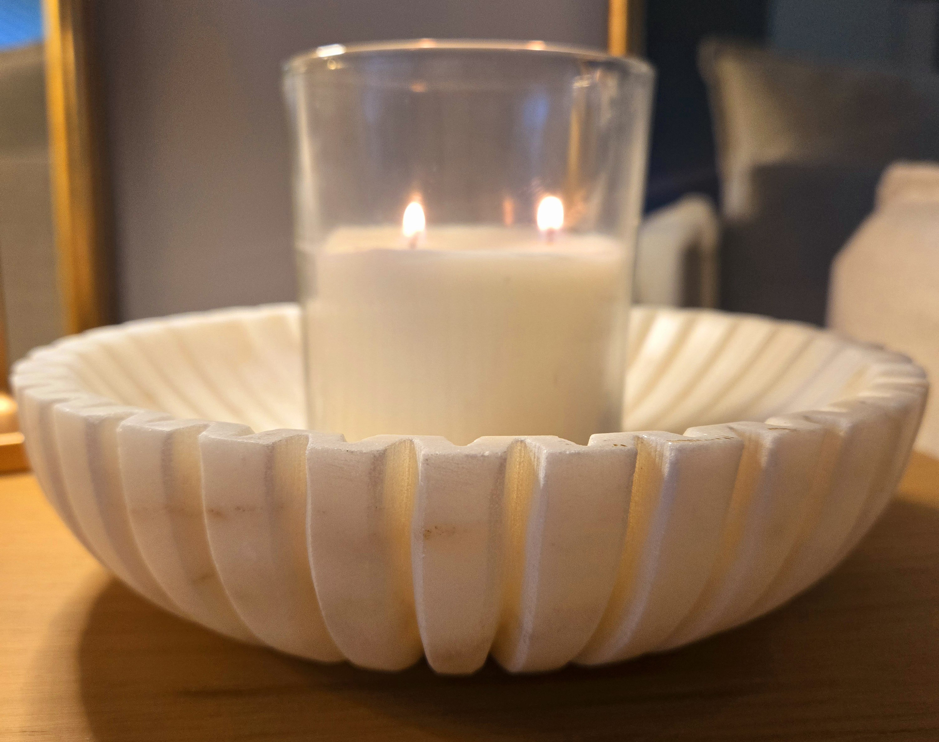 Ribbed Fluted White Marble Decorative Bowl Anthro Dupe Handmade. Larger ...
