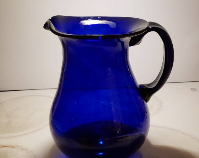 Vintage Cobalt Blue Hand Blown Pitcher. - Etsy