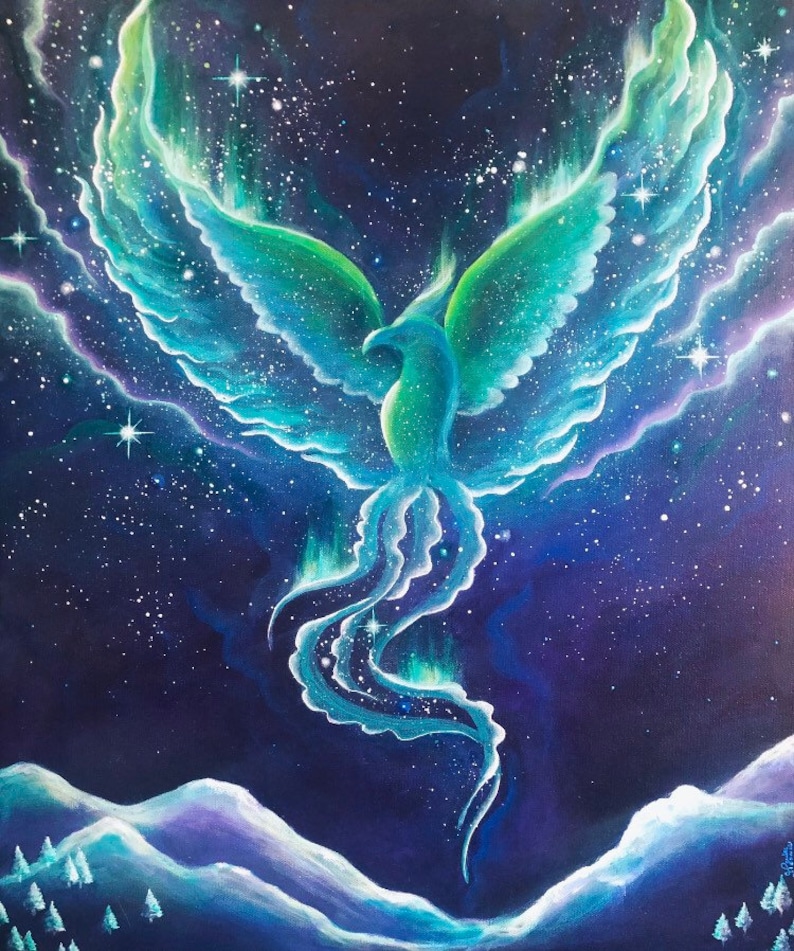 Phoenix Rising - Surreal Northern Lights Painting - Fantasy Green Fire ...