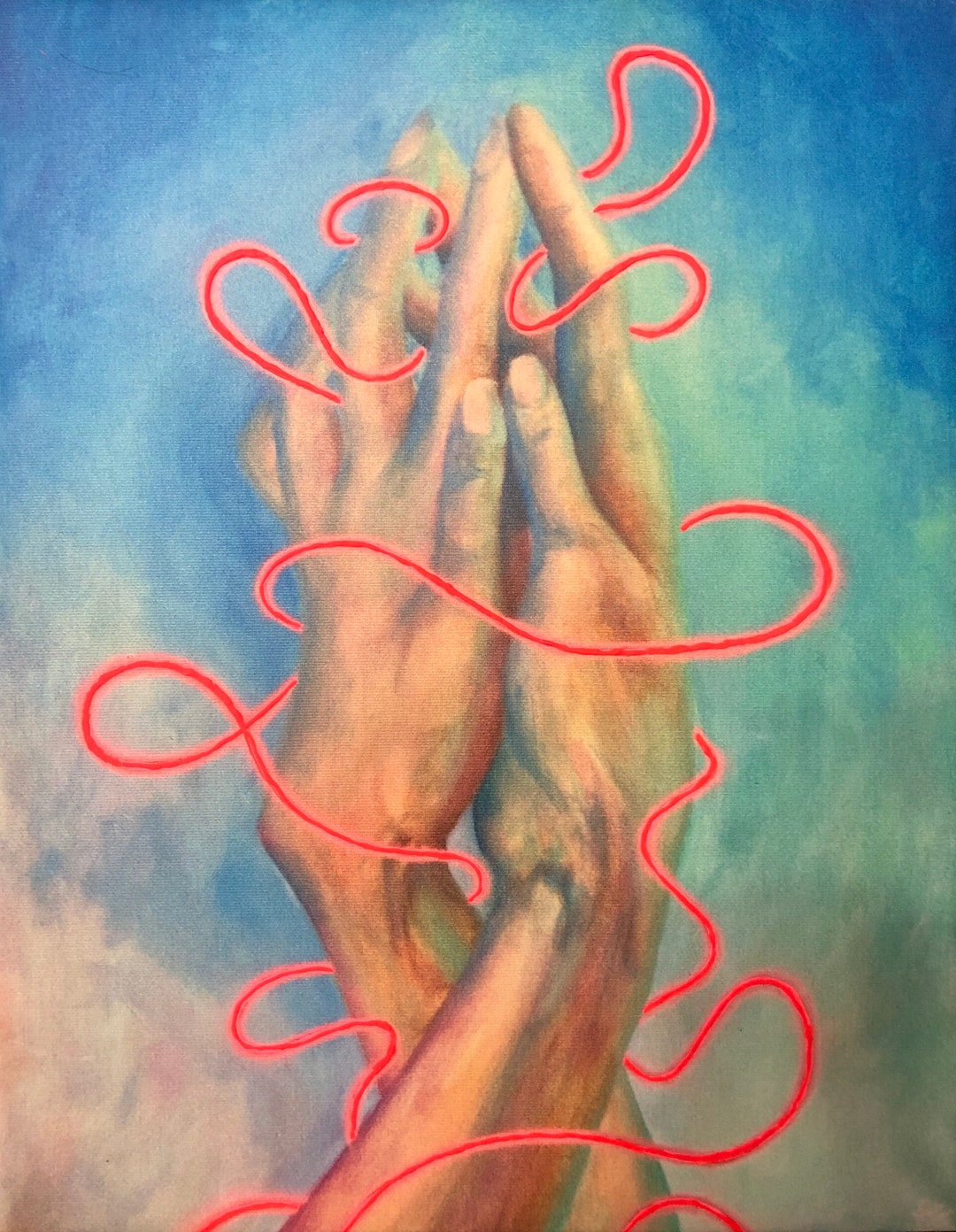 Invisible Ties - Red String of Fate Art, Soulmate Hands Embrace Surreal ...