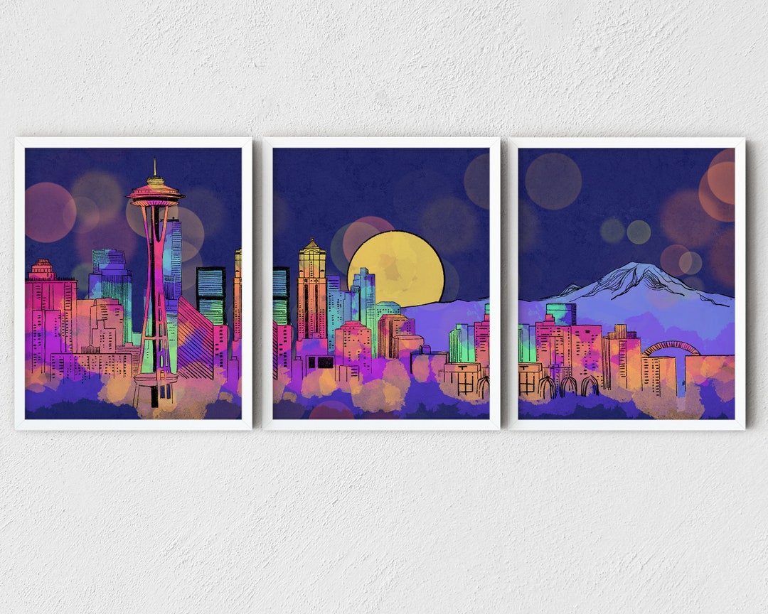 Seattle Art Print Set Seattle Skyline Wall Art, Neon Art Poster ...