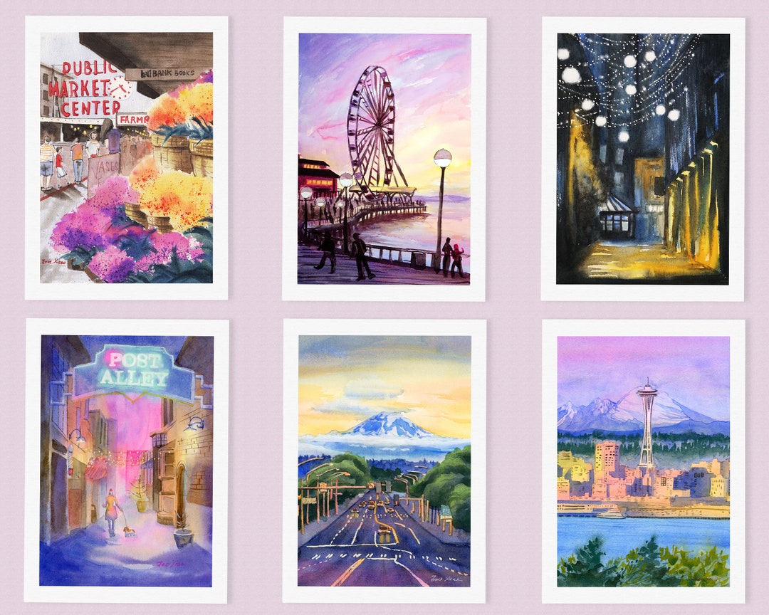 Seattle Art Greeting Cards Set Seattle Greeting Cards Handmade Set ...
